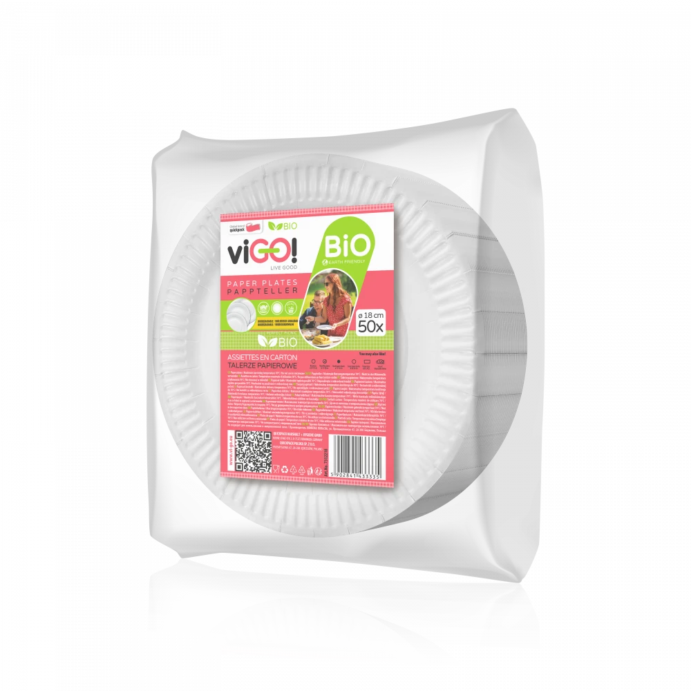 viGO! BIO Round paper plates ⌀ 18cm white 50pcs